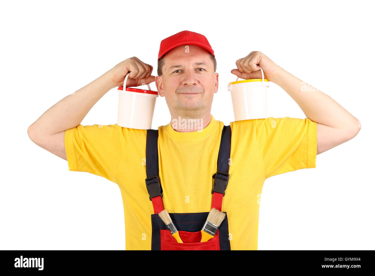Worker holding two buckets Stock Photo - Alamy