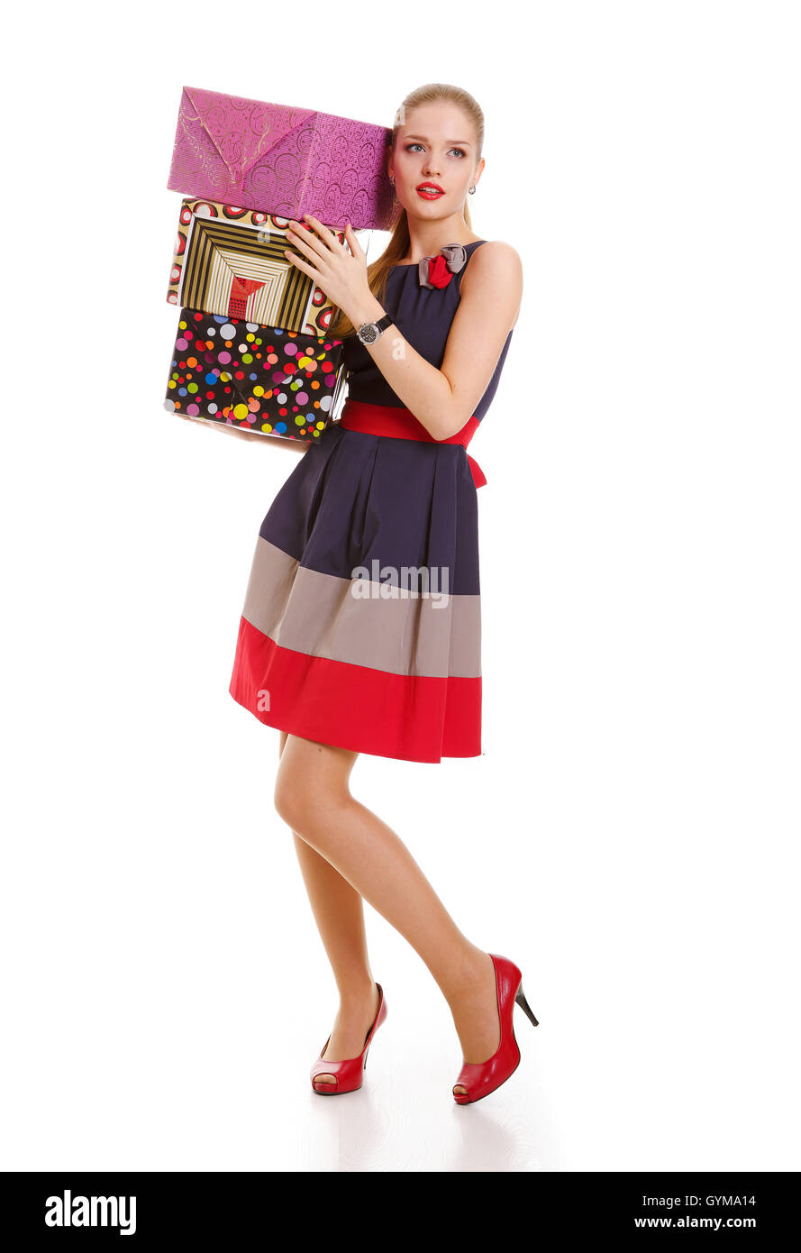 girl with a gift box on a white background Stock Photo - Alamy