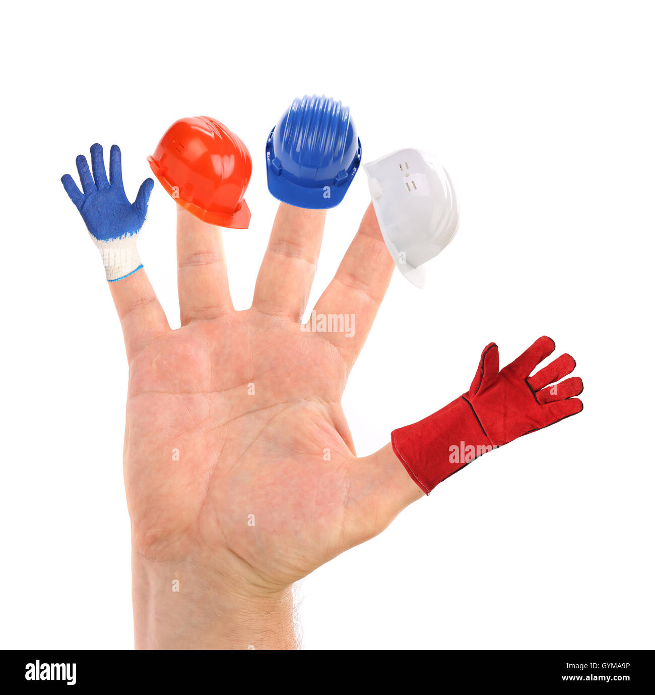 Hand with hard hat on fingers Stock Photo - Alamy
