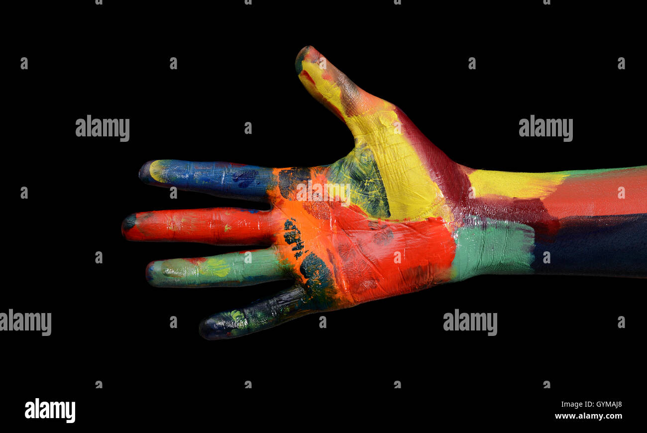Multi Colors Oil Painted Hand Fist close up on black background Stock ...
