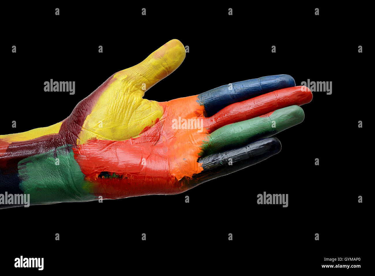 Multi Colors Oil Painted Hand Fist close up on black background Stock ...