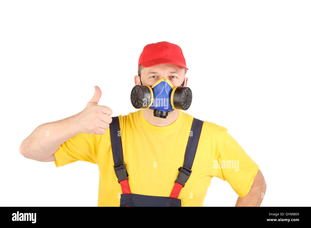 Worker in gas mask shows thumb Stock Photo - Alamy
