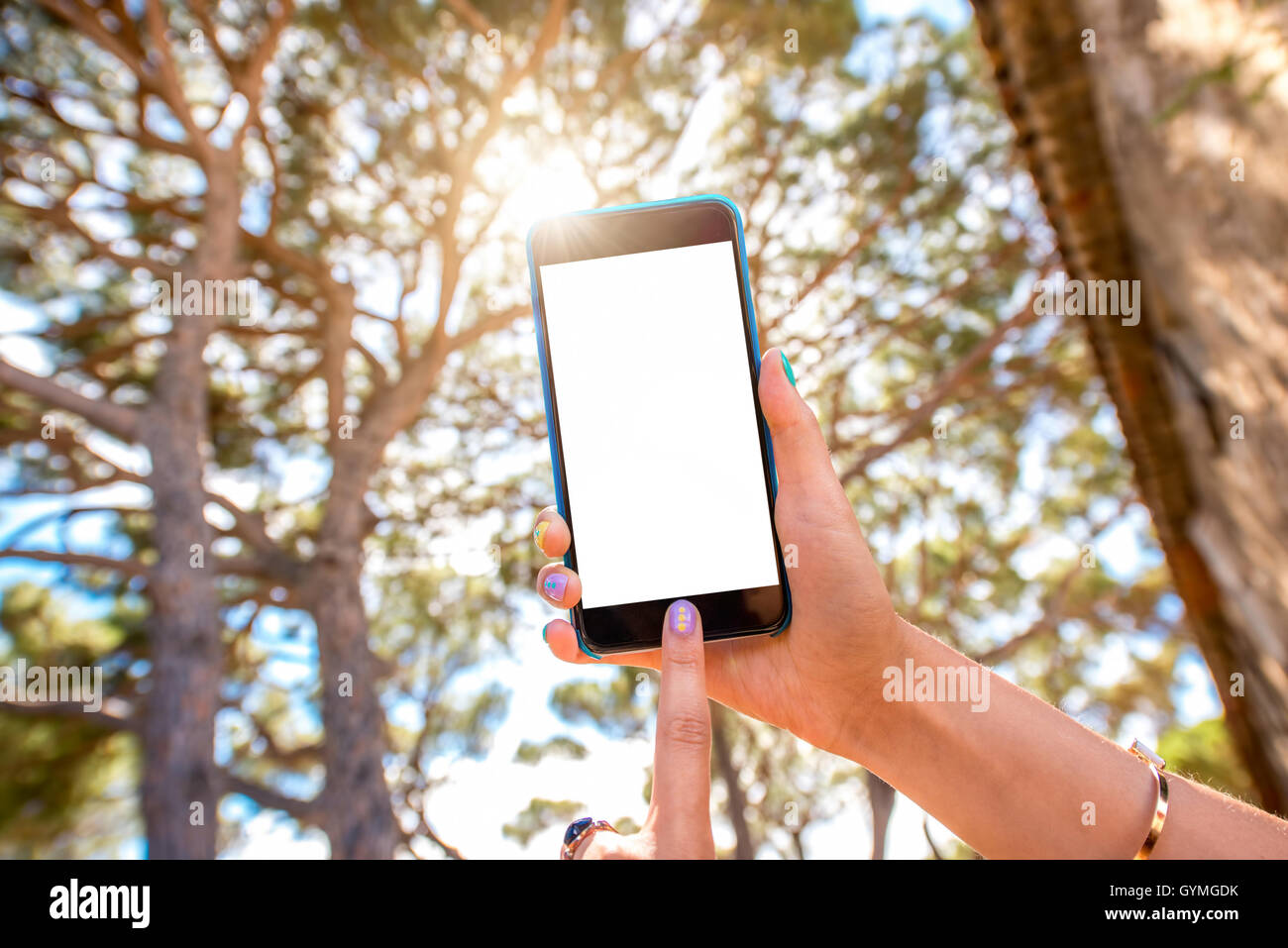 Phone on the forest background Stock Photo - Alamy
