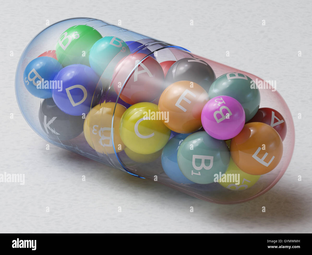 3D illustration. Multivitamin with several vitamins in a single pill ...