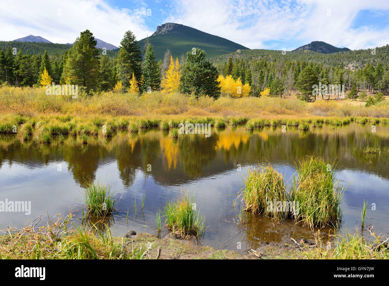 Mountains and alpine lake with reflection in daylight during the fall ...