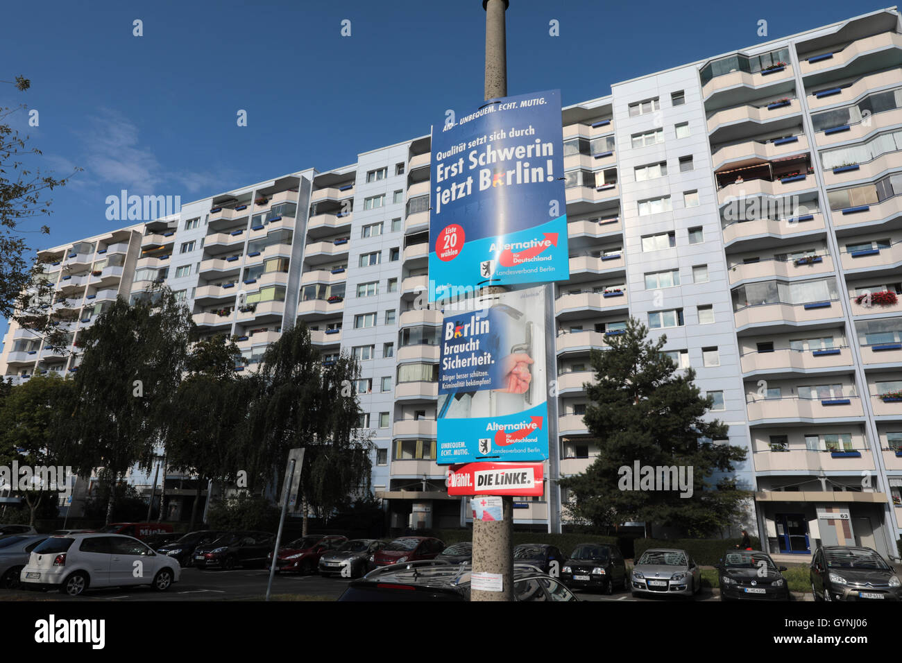 Berlin, Germany. 19th Sep, 2016. AfD election posters hanging from a ...