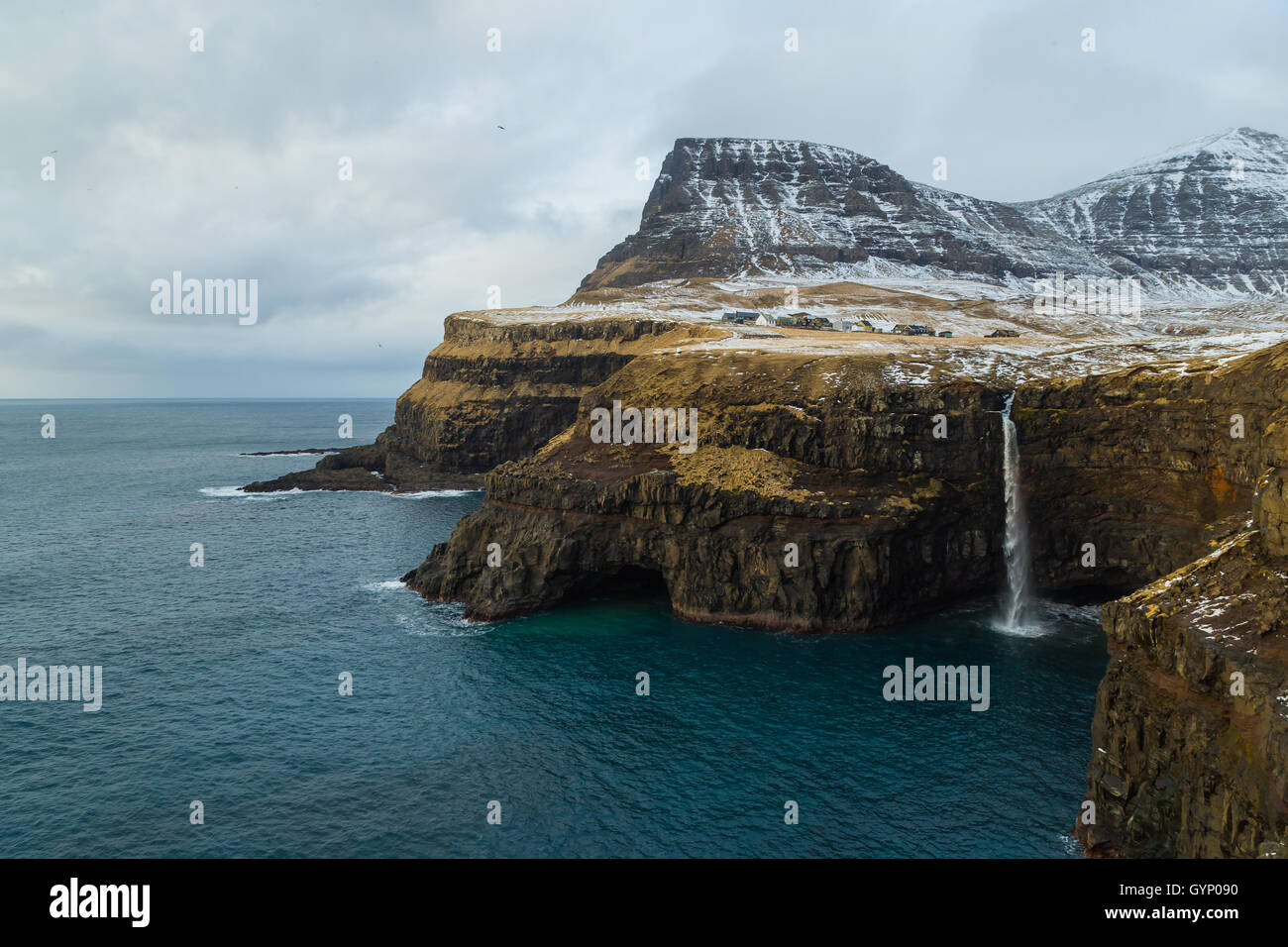 The Mulafossur waterfall in Gásadalur, Vagar island. Faroe islands ...