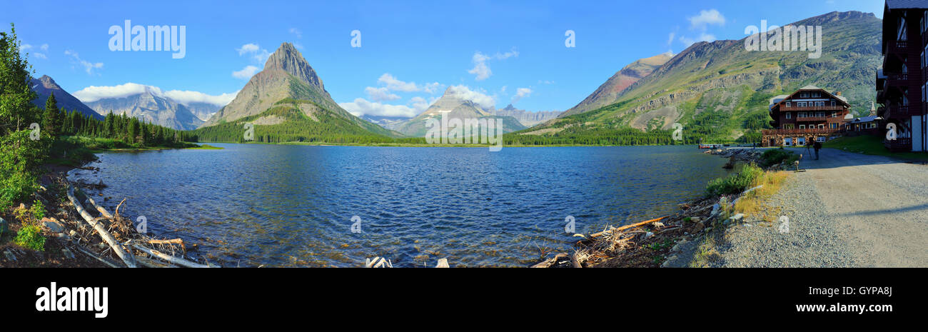 panoramic view of the Swiftcurrent lake in high alpine landscape on the ...