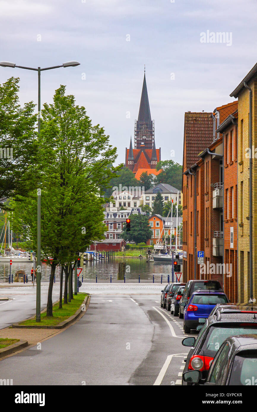 View of Saint Jurgen Church and sea harbour in Flensburg city ...