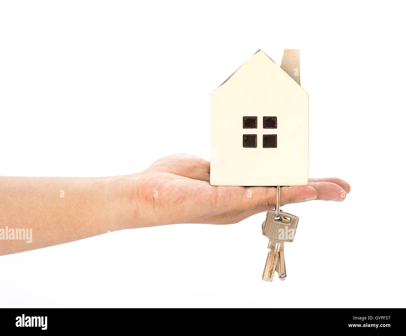 hand holding a house model and key on a white background Stock Photo ...