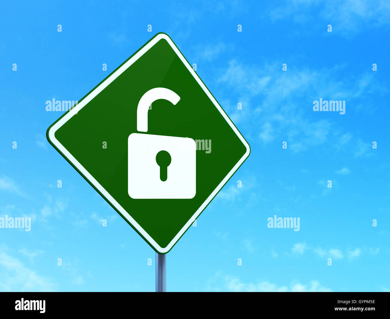 Safety concept: Opened Padlock on road sign background Stock Photo - Alamy