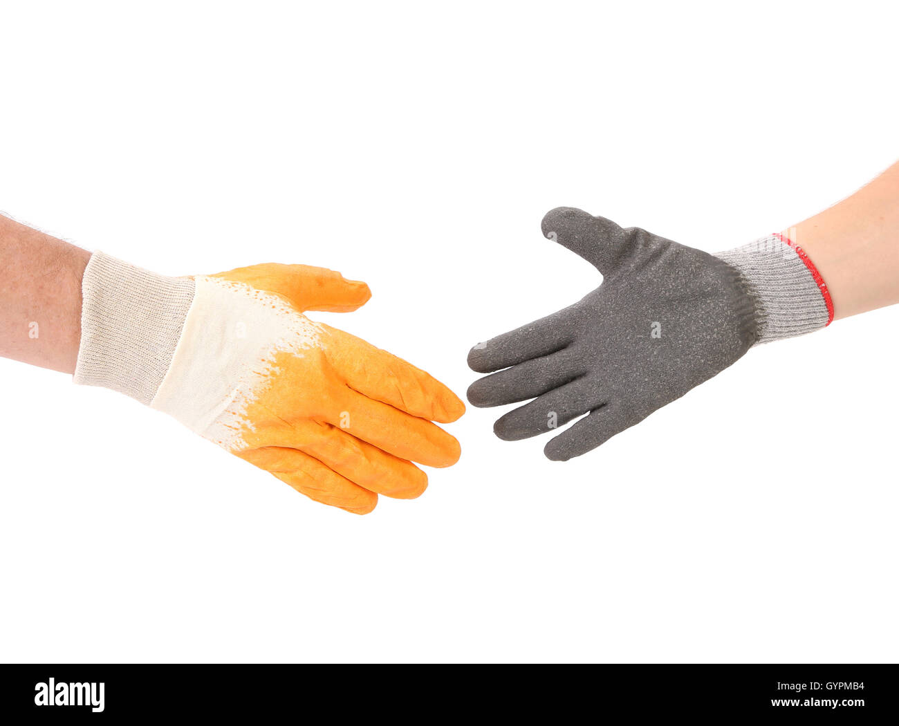 Two hands gloves meet in hand shake Stock Photo - Alamy