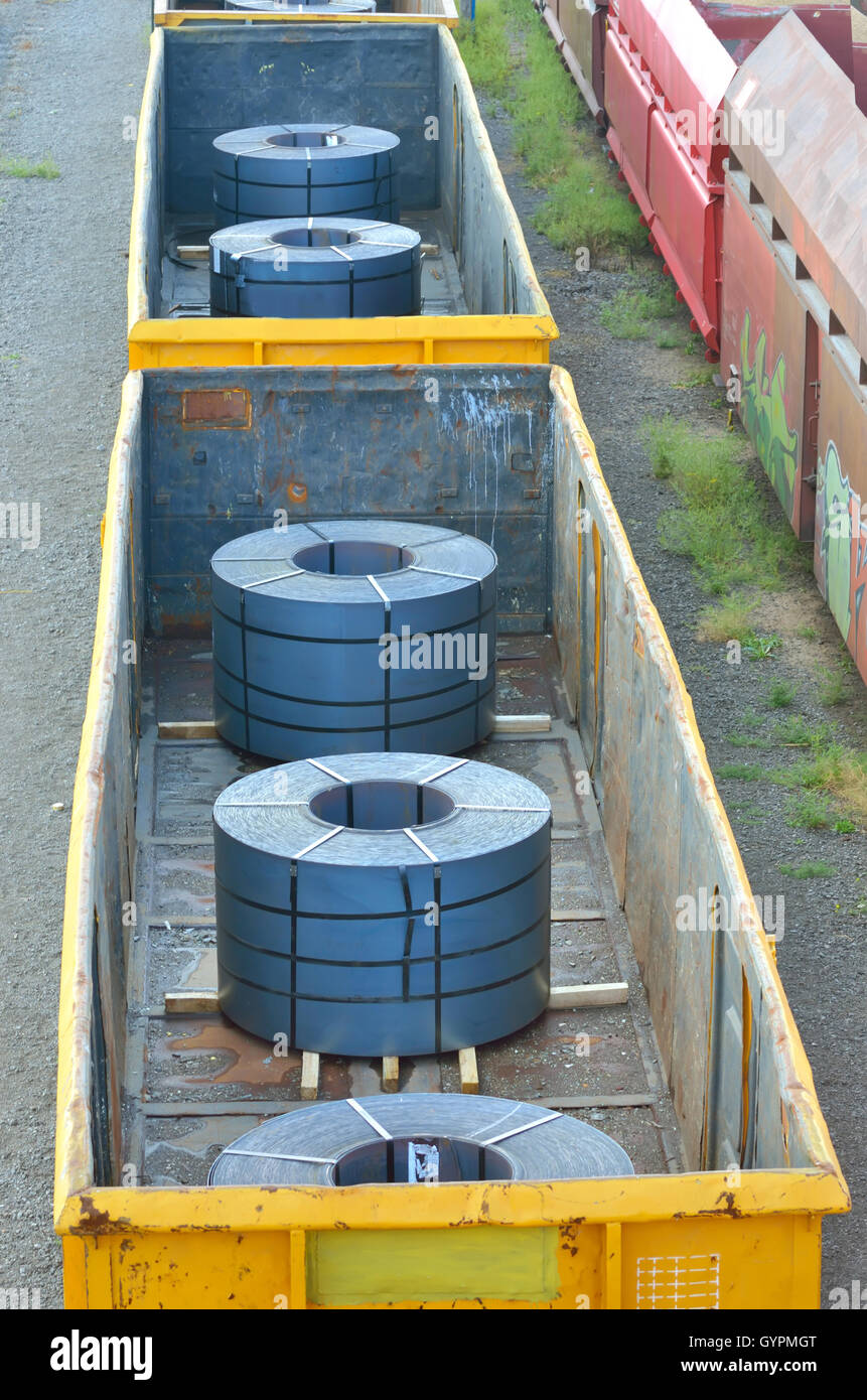 Cargo train platform with role steel Stock Photo - Alamy