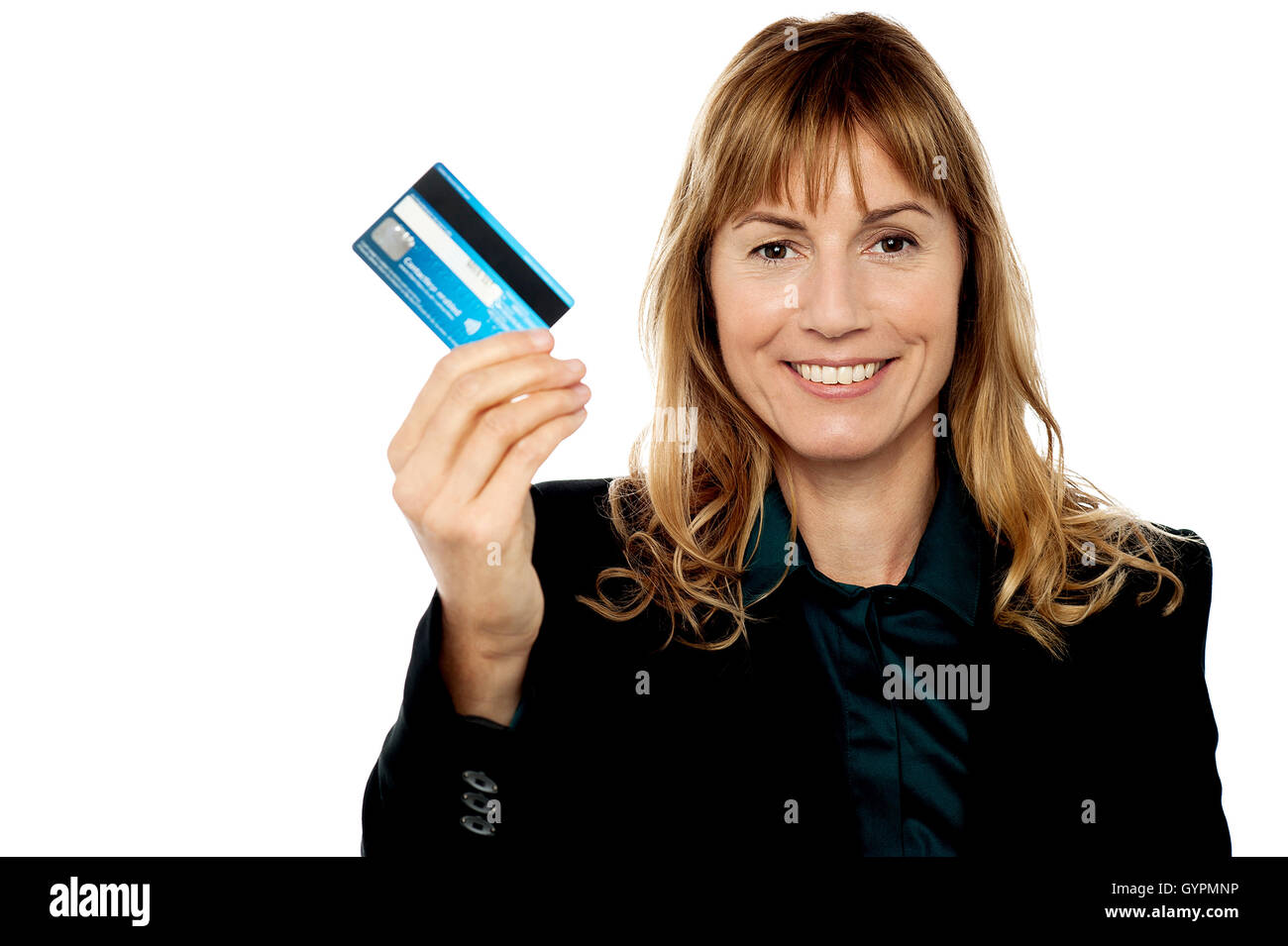 Businesswoman displaying cash card Stock Photo - Alamy