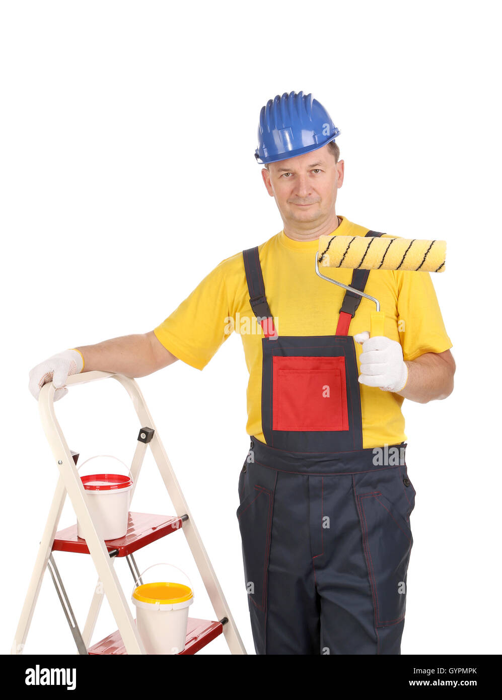 Worker on ladder with roller Stock Photo - Alamy