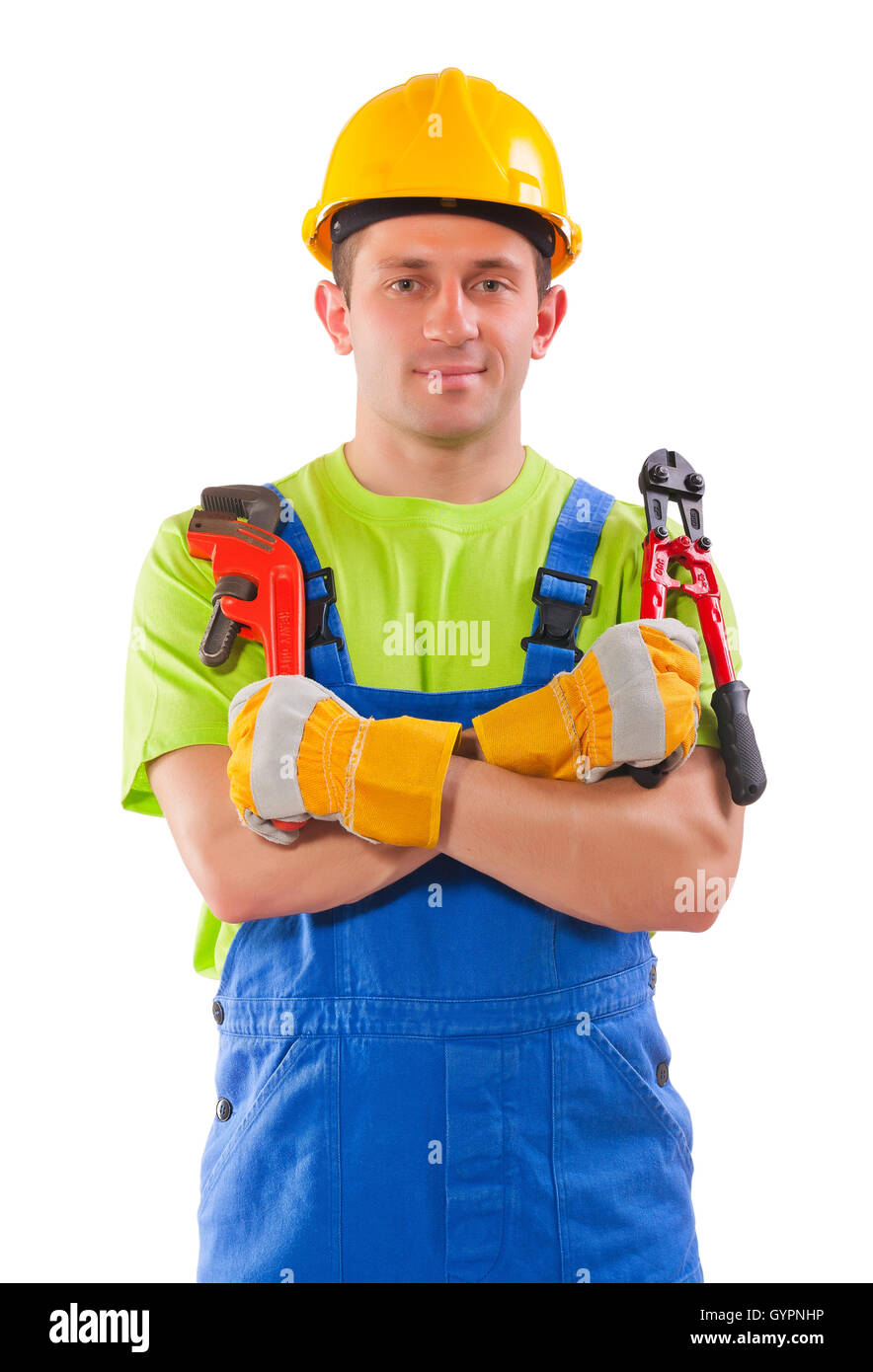 worker holding pipe wrench and steel cutter Stock Photo - Alamy