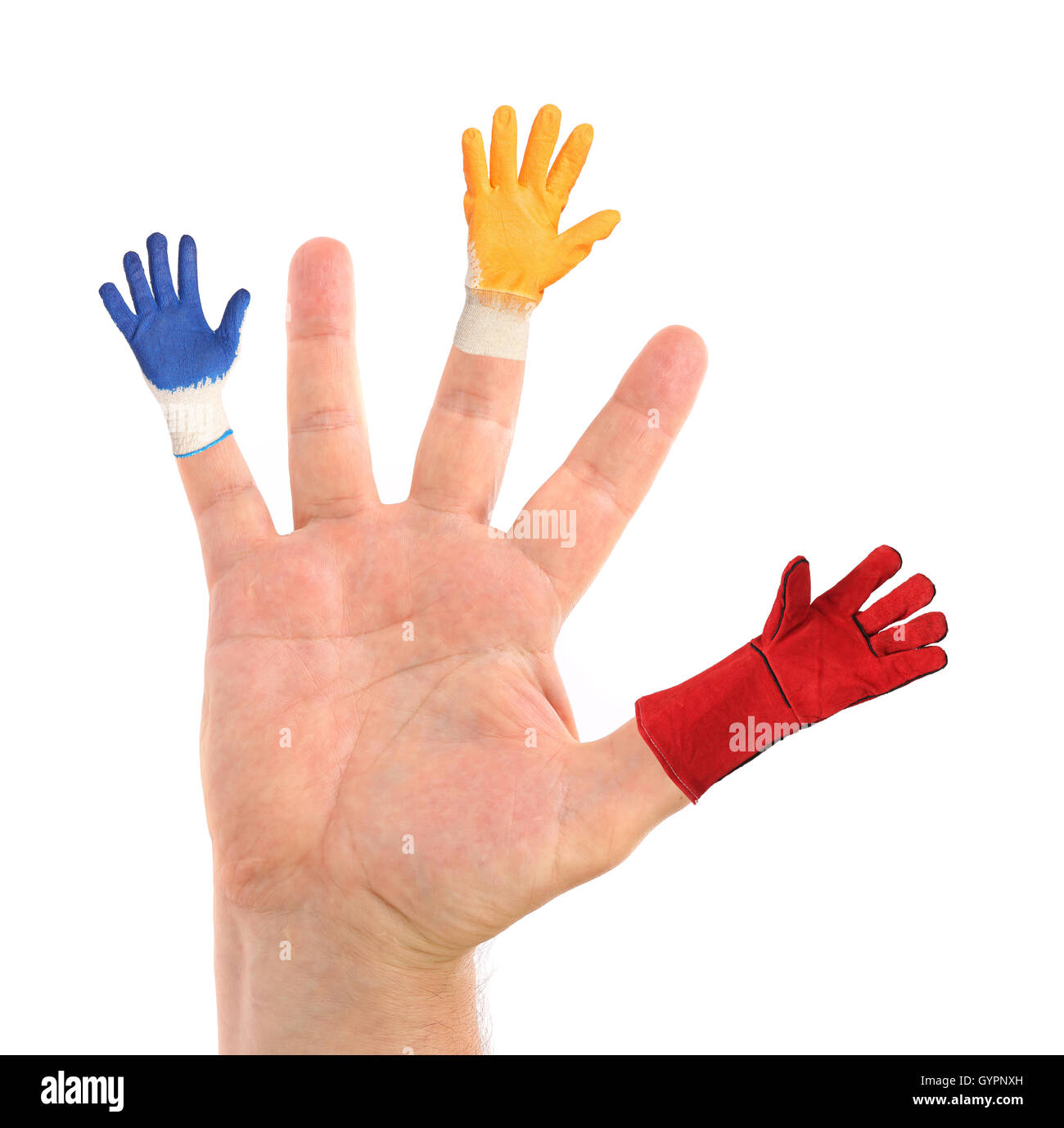 Hand with different gloves on fingers Stock Photo - Alamy