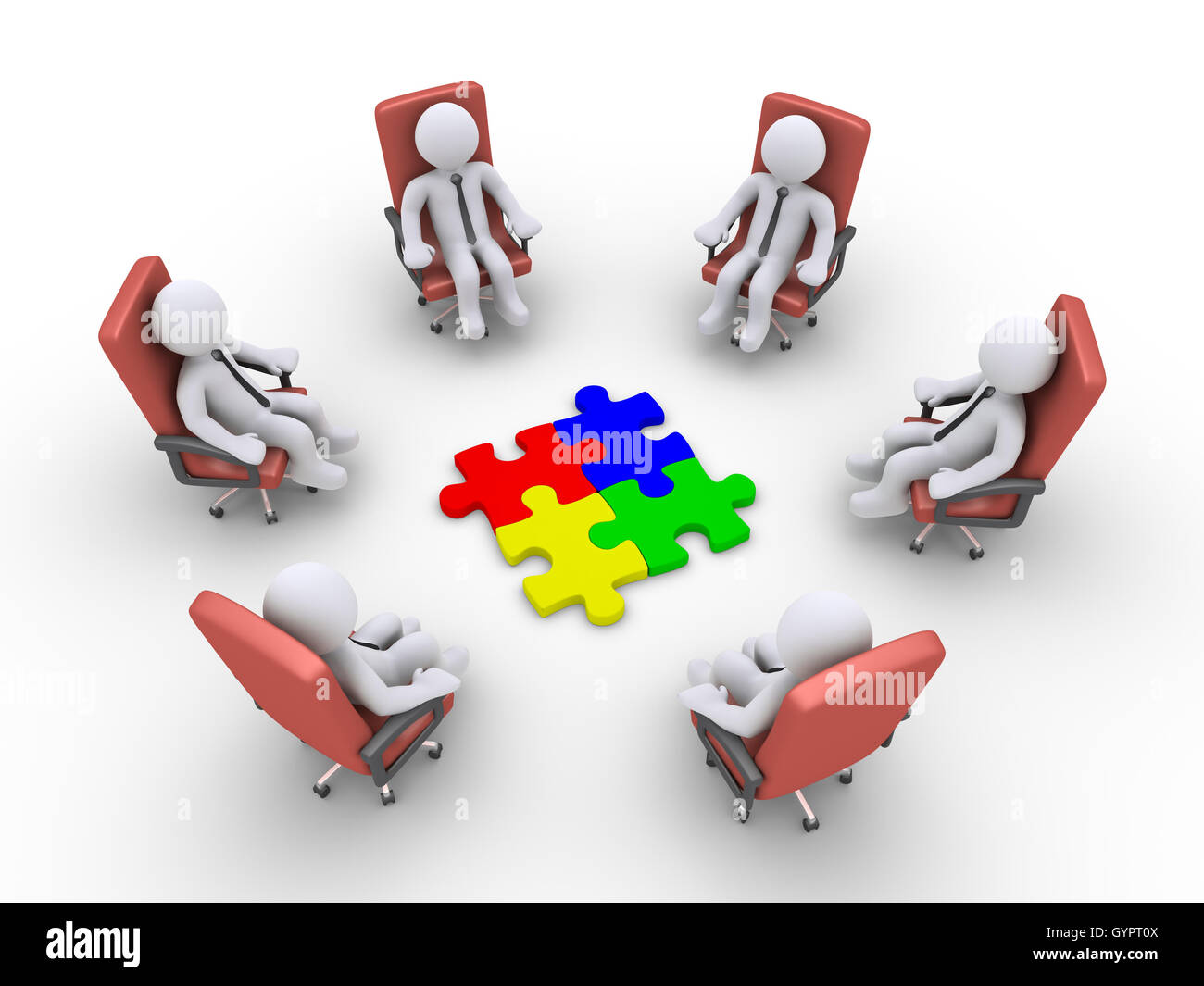 Businessmen sitting on chairs and puzzle pieces Stock Photo - Alamy