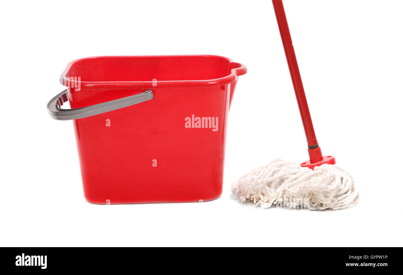 Red bucket with cleaning mop Stock Photo - Alamy