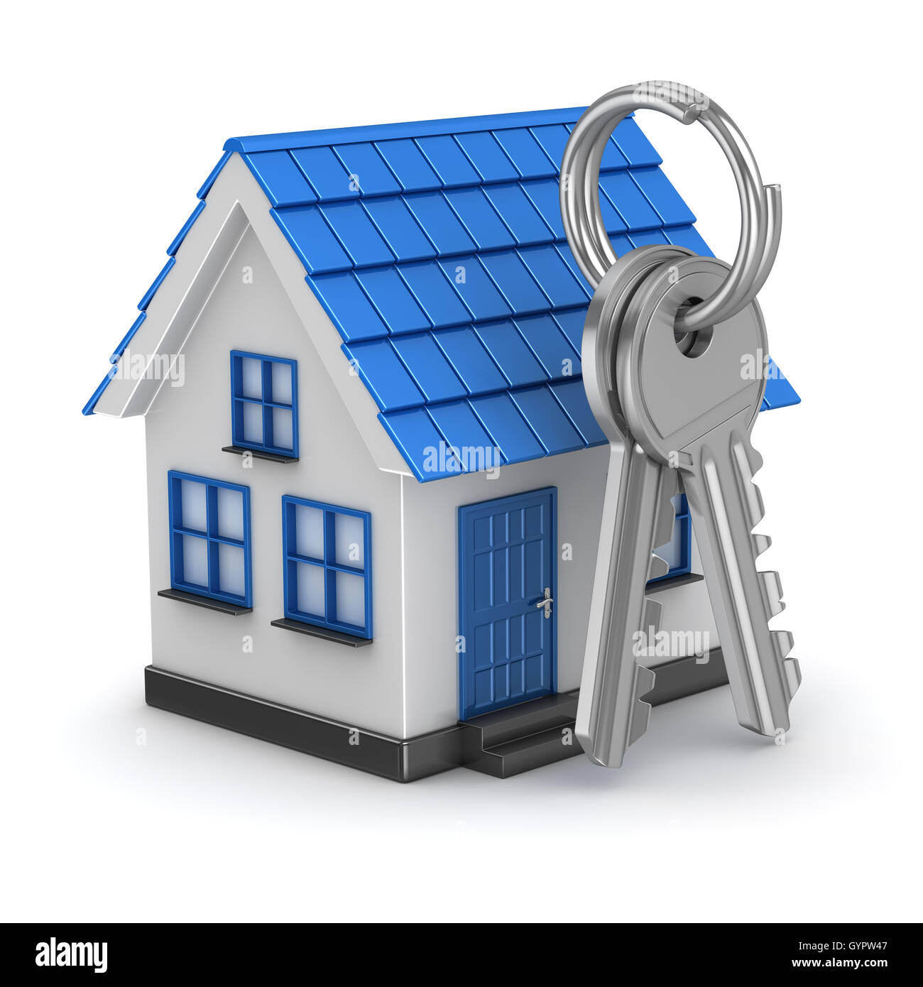 3d blue house and key , This is a 3d computer generated image. Isolated ...