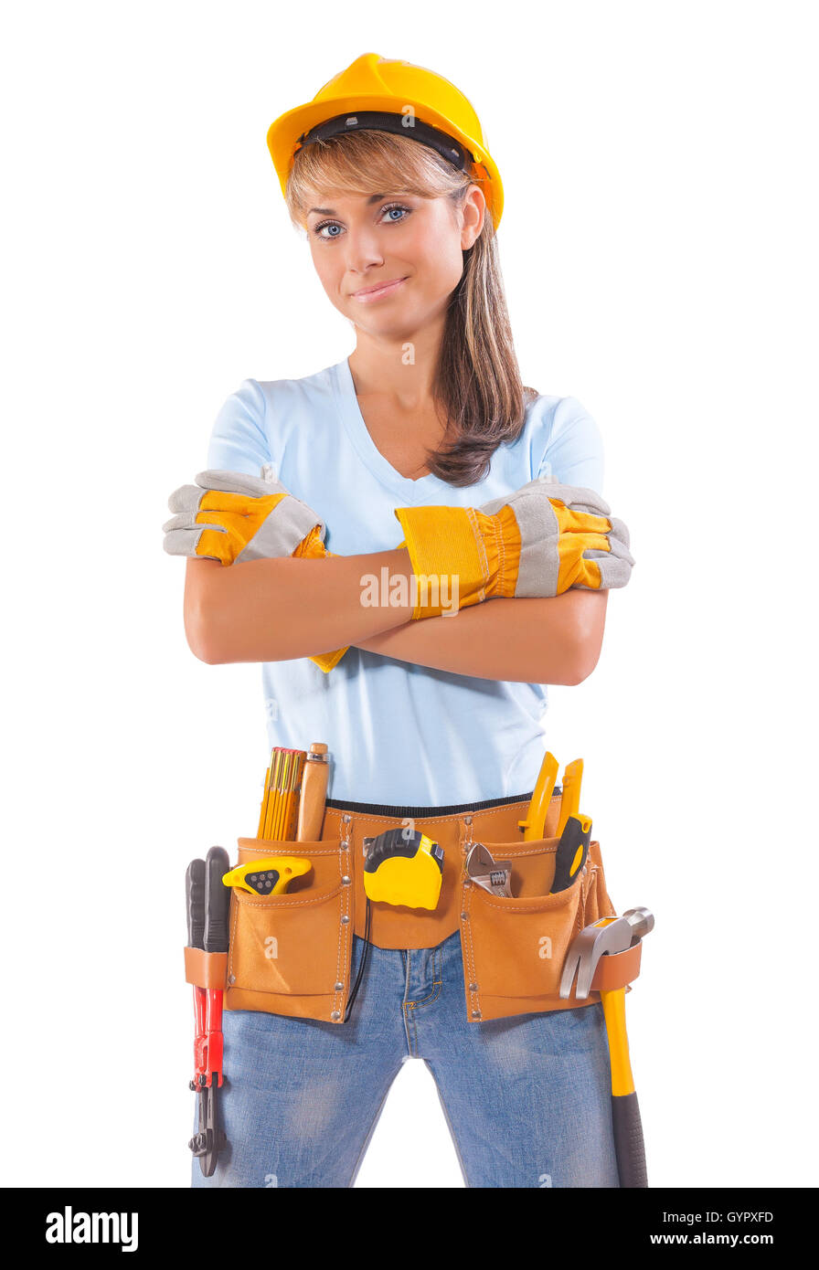 happy beautiful female construction worker isolated on white bac Stock ...