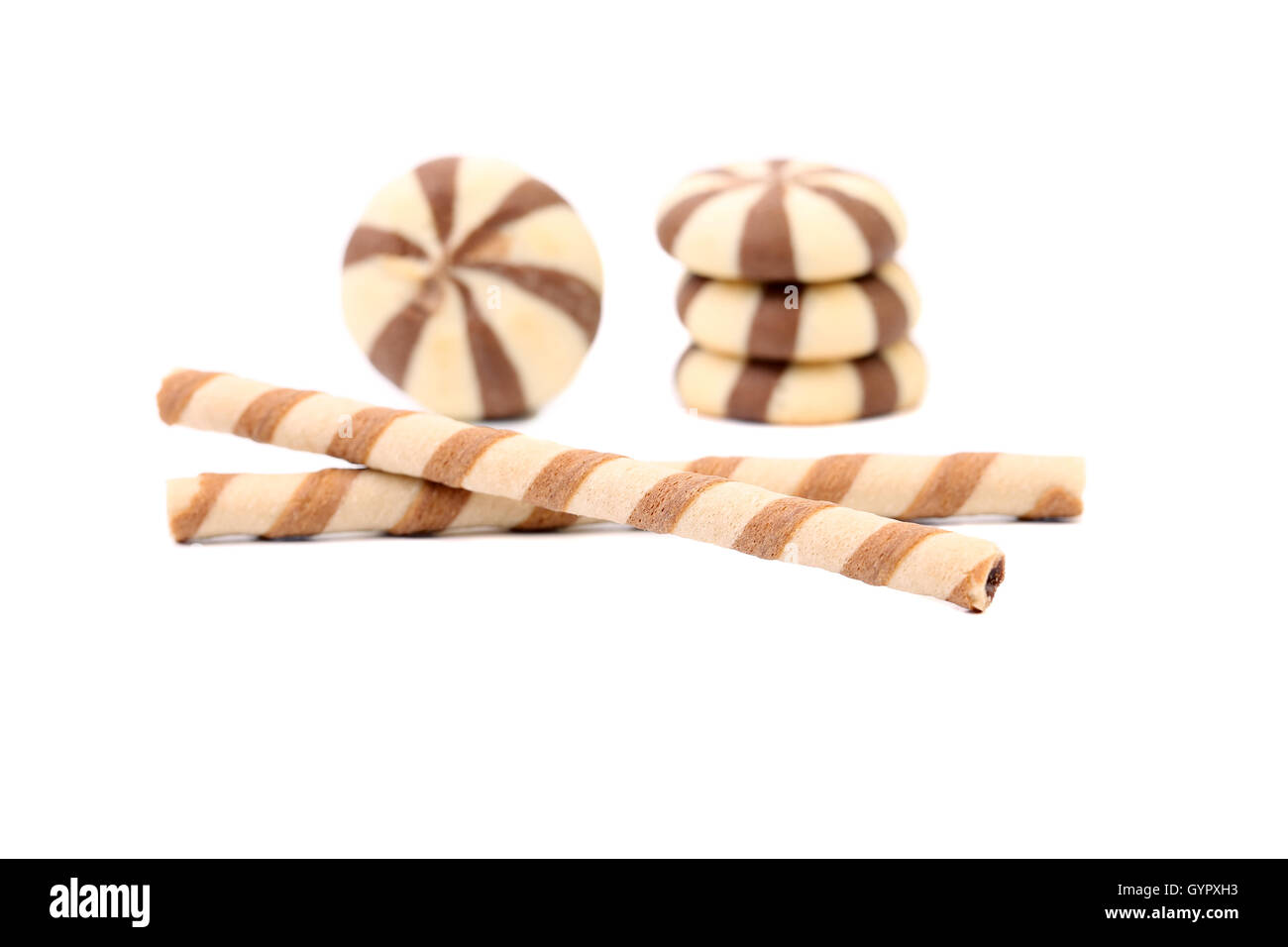 Chocolate striped wafer rolls and stake biscuits Stock Photo - Alamy