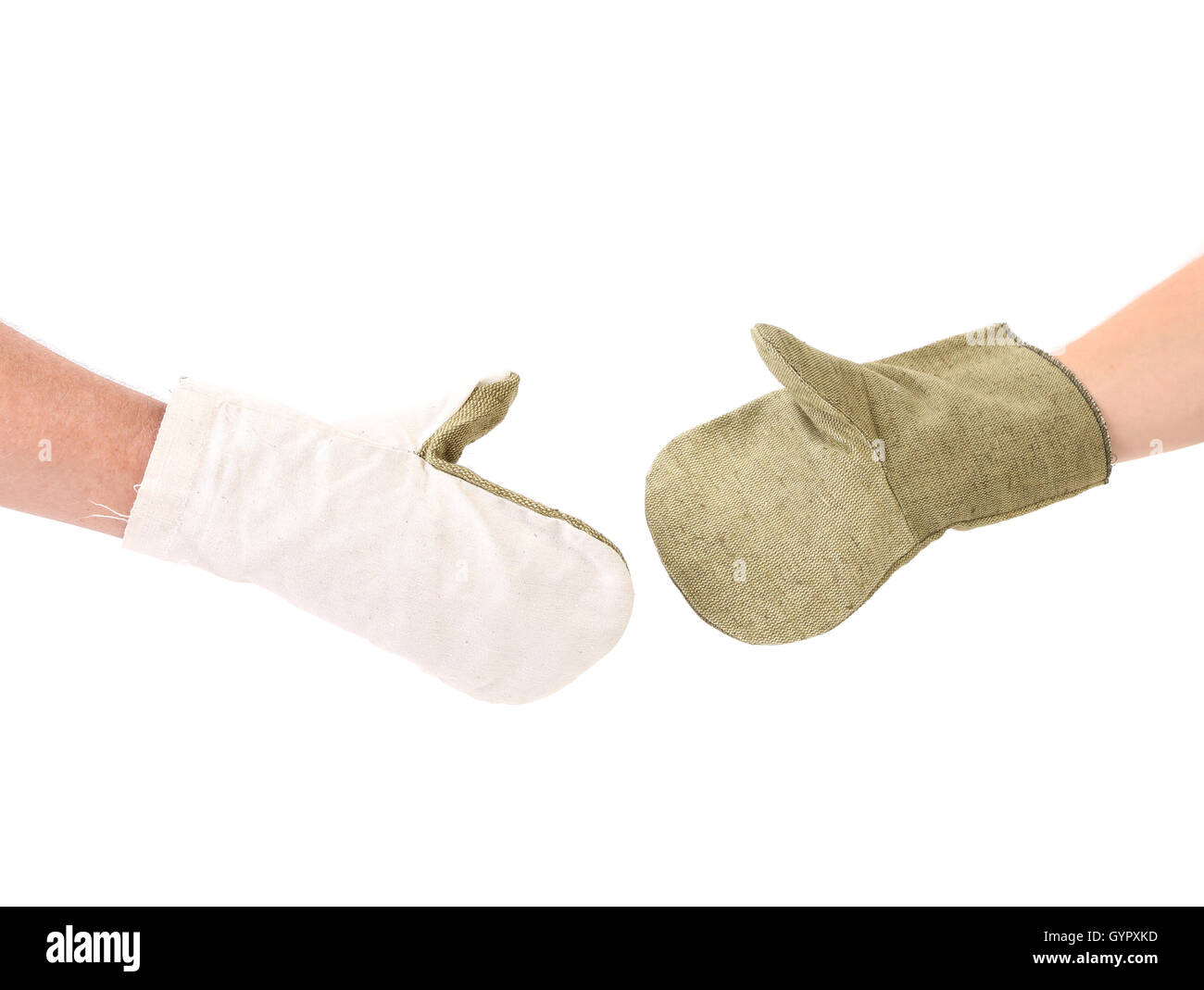 Hand shake in mittens Stock Photo - Alamy