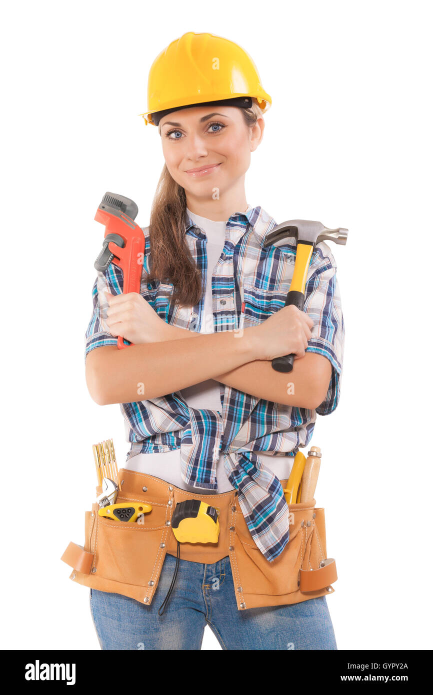 female worker holding tools Stock Photo - Alamy