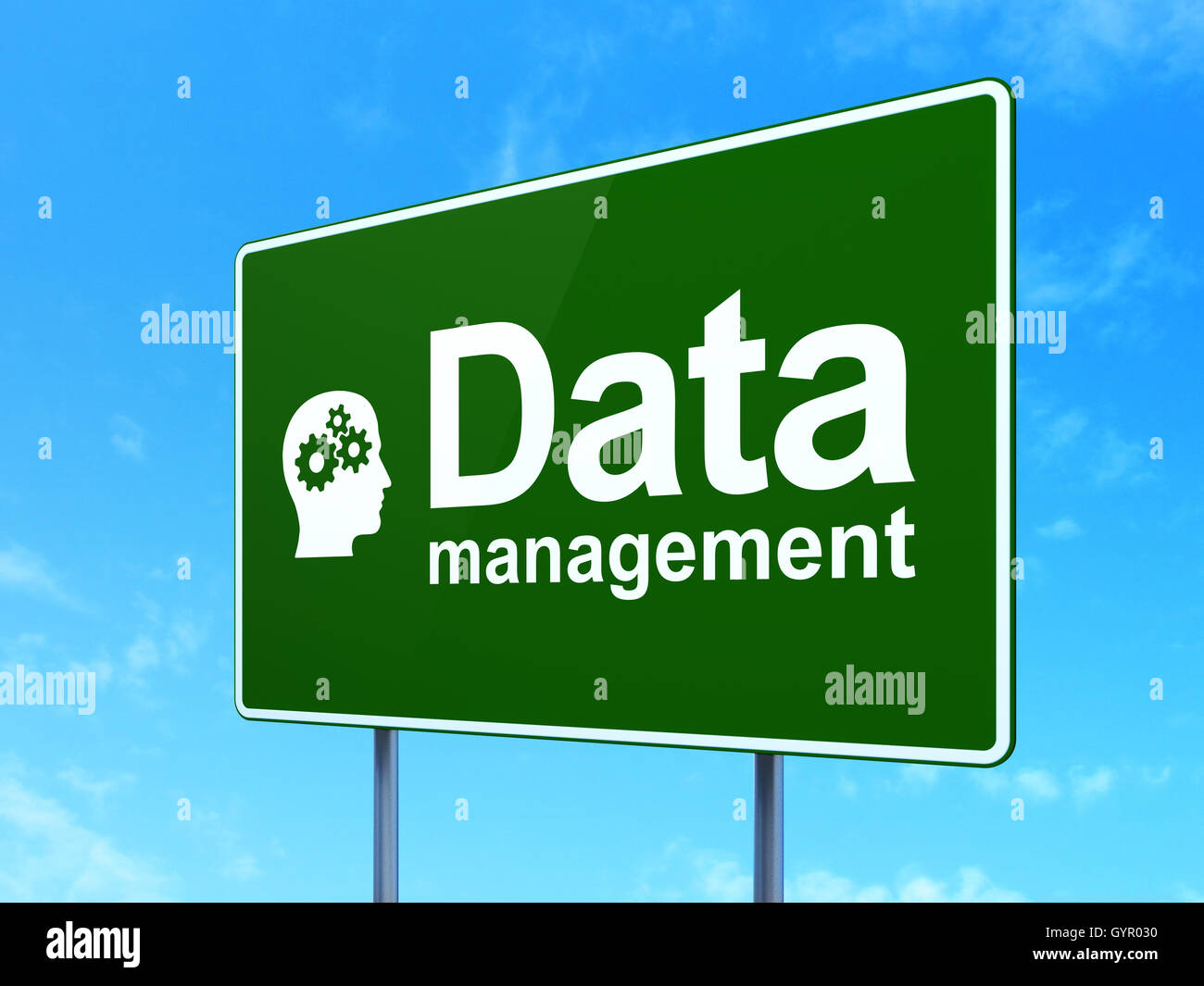 Data concept: Data Management and Head With Gears on road sign ...