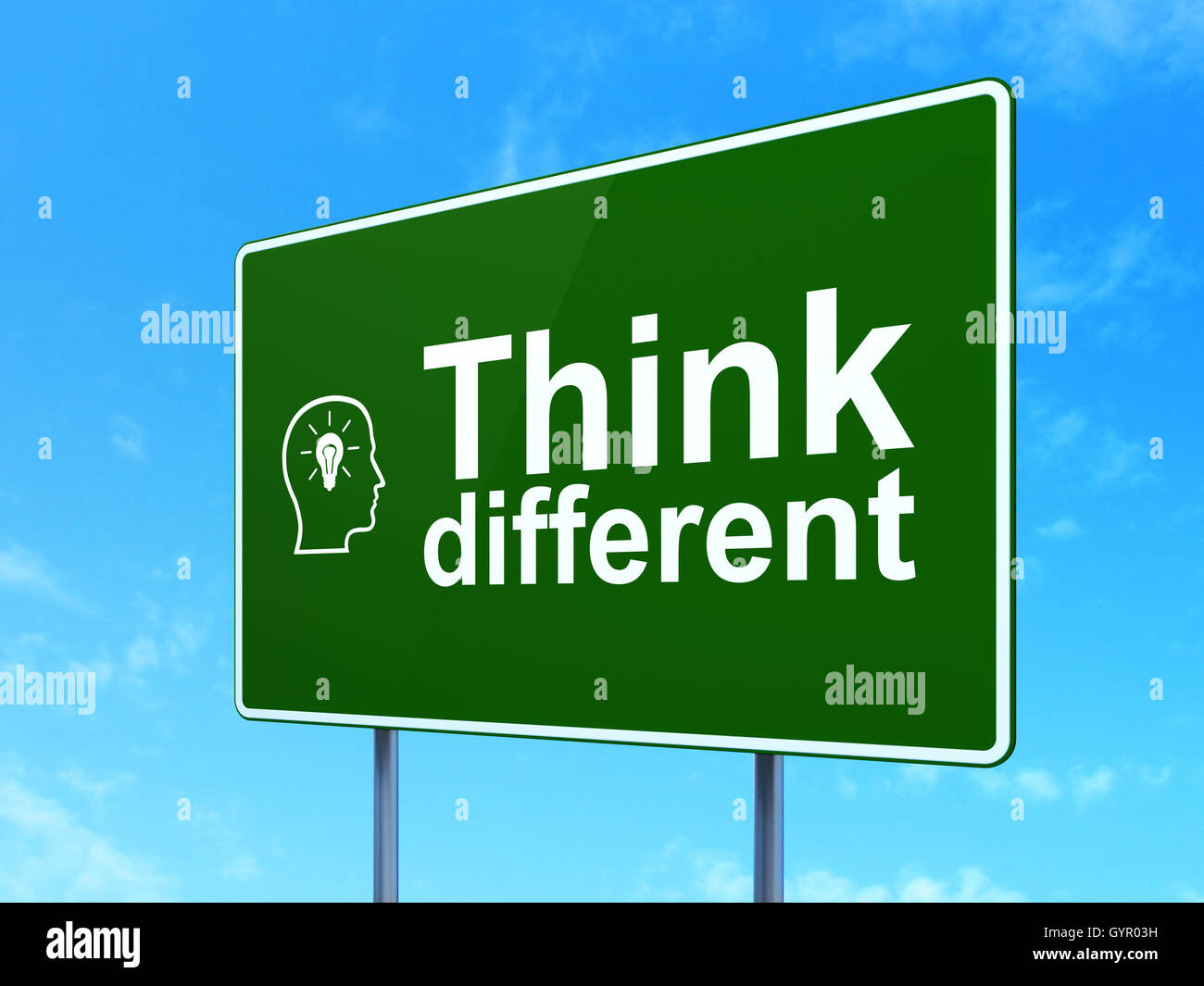 Education concept: Think Different and Head With Lightbulb on road sign ...