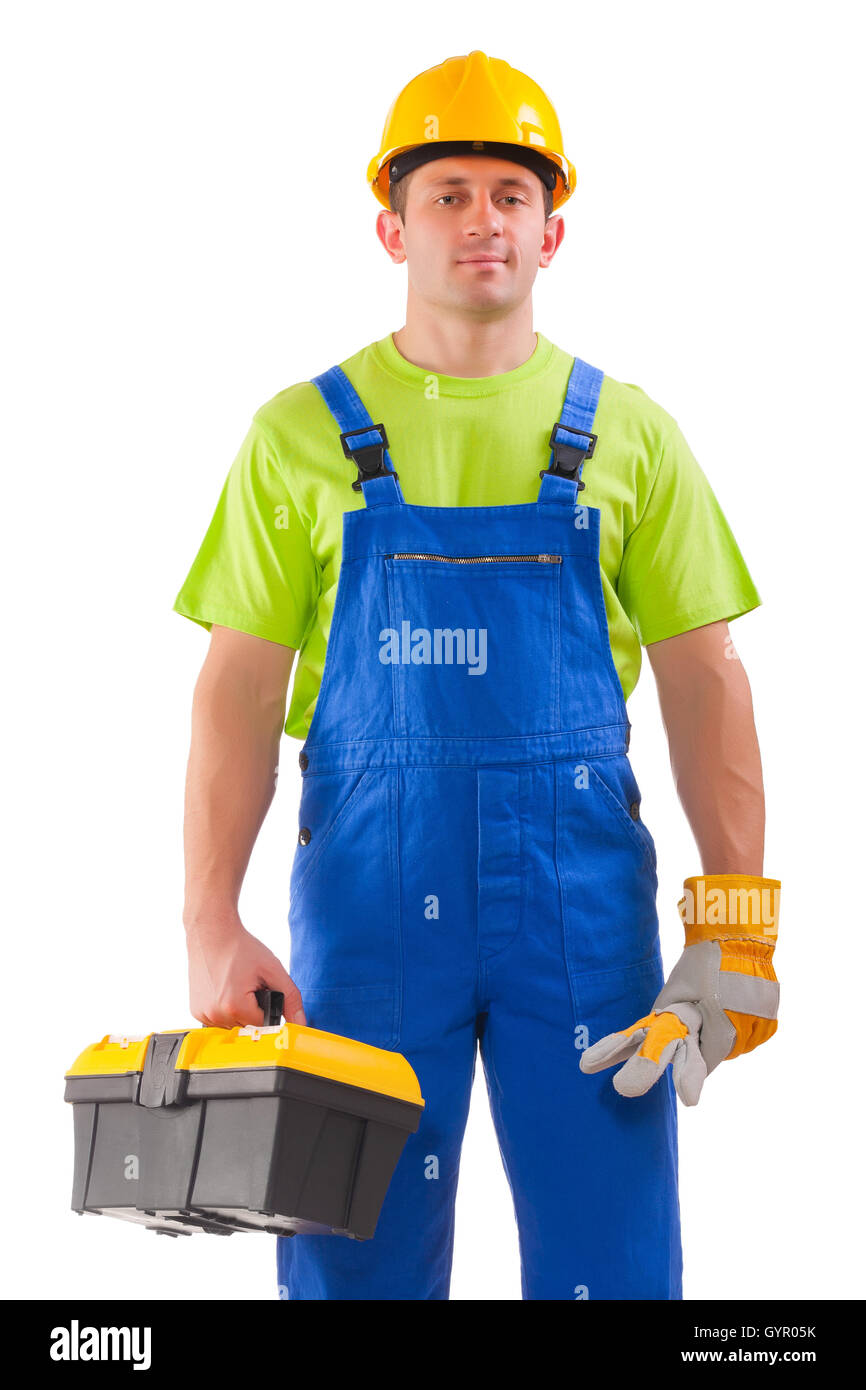 a young handsome plumber worker with adjustable wrench. Isolated Stock ...