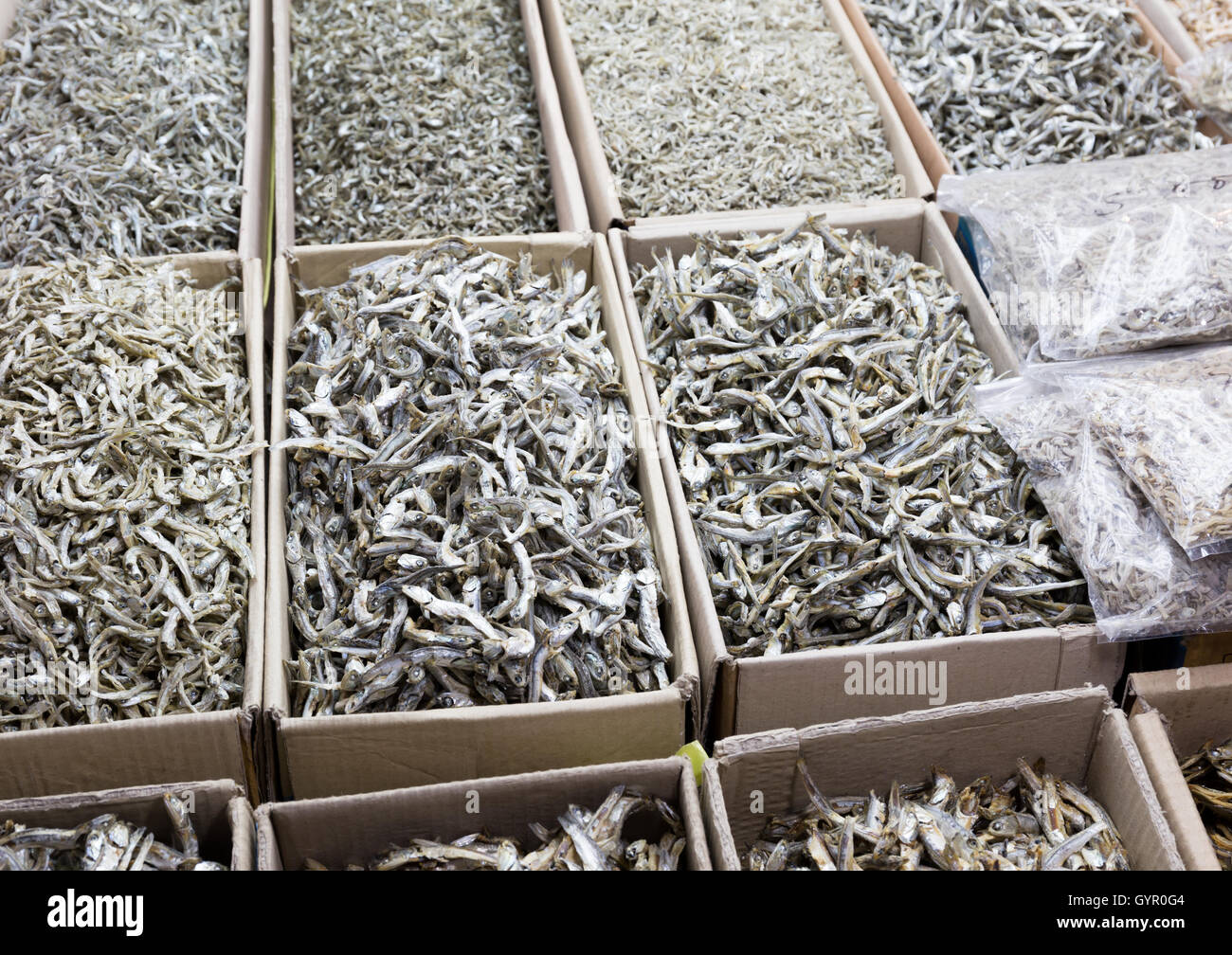 Dried assorted anchovy fish Stock Photo - Alamy