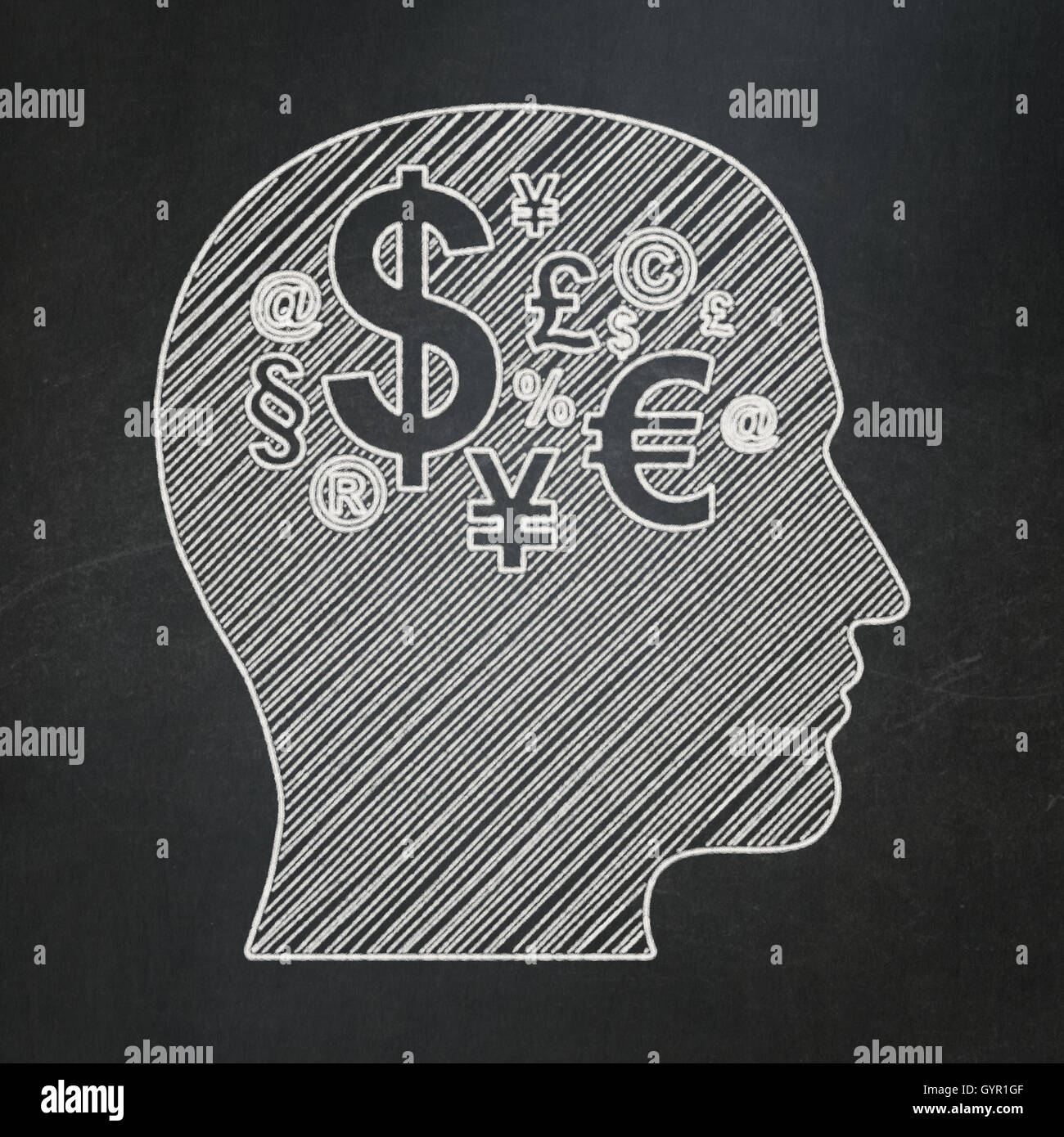 Finance concept: Head With Finance Symbol on chalkboard background ...