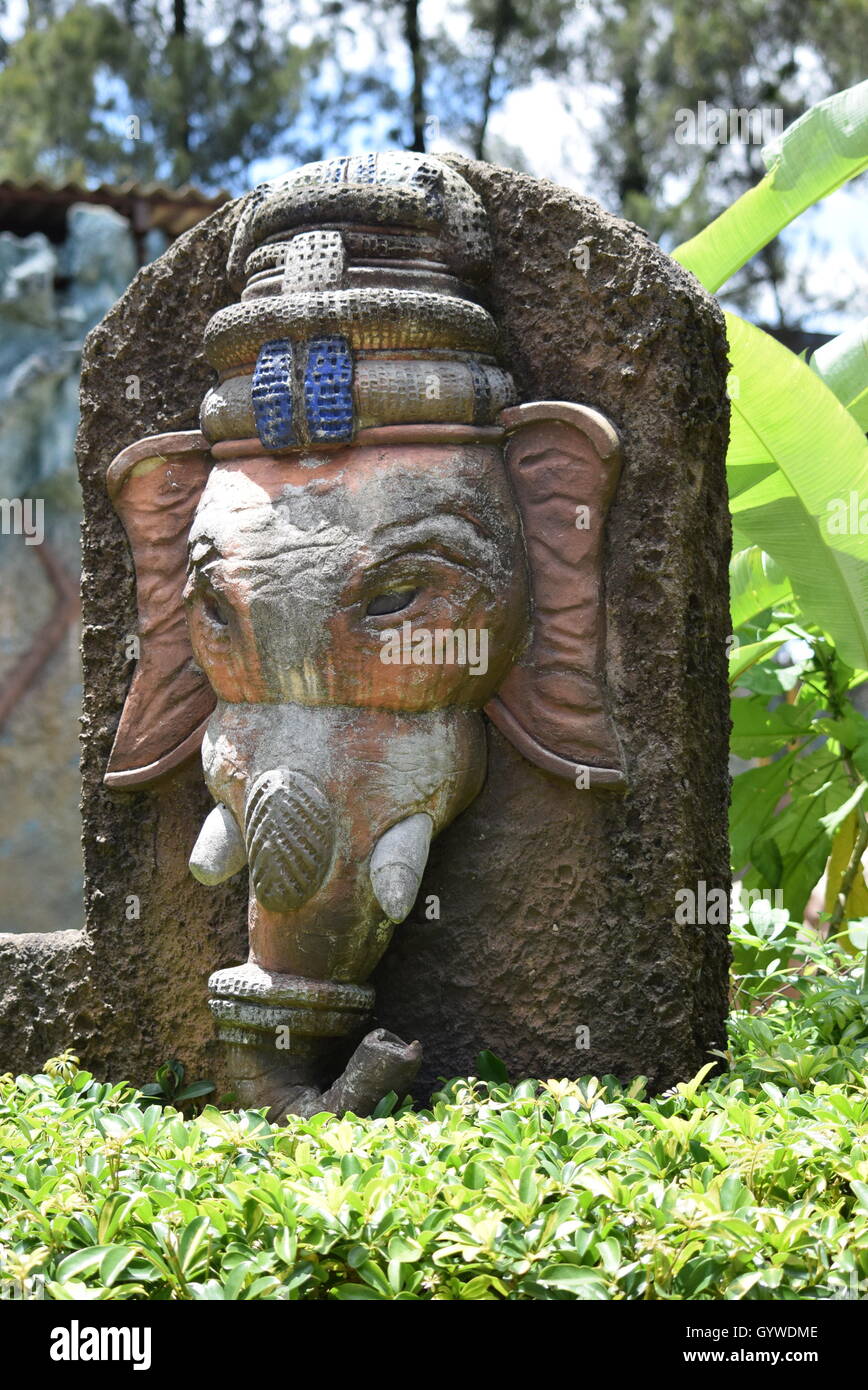 Elephant stone mayan style sculpture at Aurora Zoo, Guatemala Stock ...