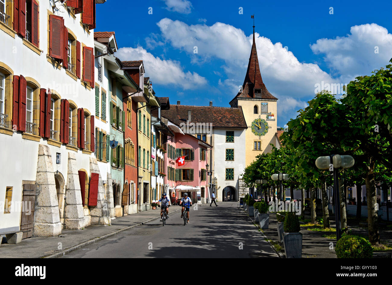Main sqaure, bourg, with clocktower Gate in the old town of Le Landeron ...