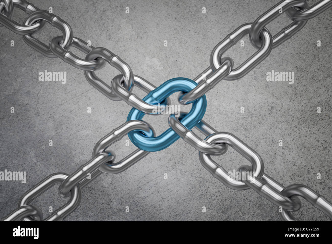 Chains with hooks and a chrome link - teamwork concept 3D rendering ...