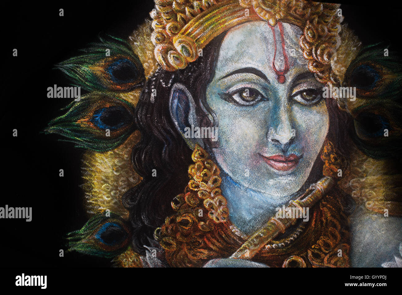 head of krishna with peacock feather and jewelry, hand painted Stock ...