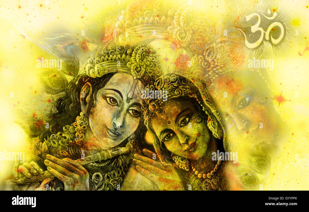 krishna radha couple with sacred symbol, graphic from handpainted ...