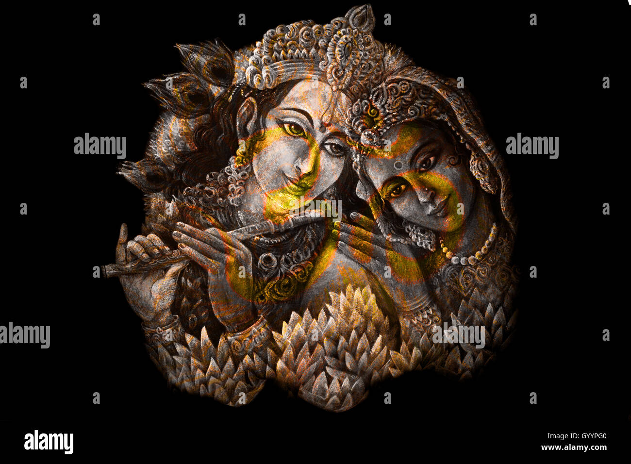 krishna radha couple with sacred symbol, graphic from handpainted ...