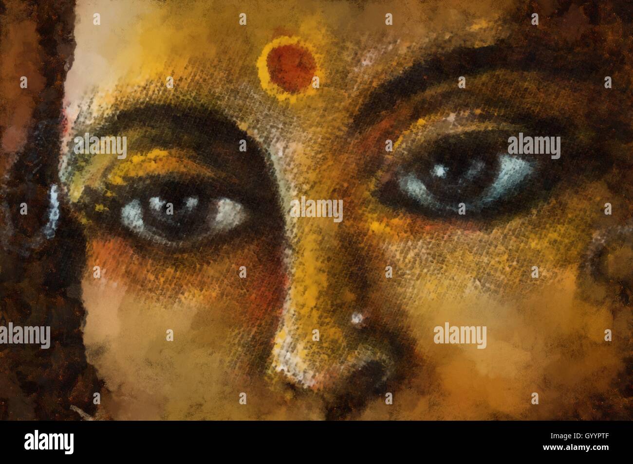 closeup detail of hindu woman eyes with sacred symbol, illustration ...