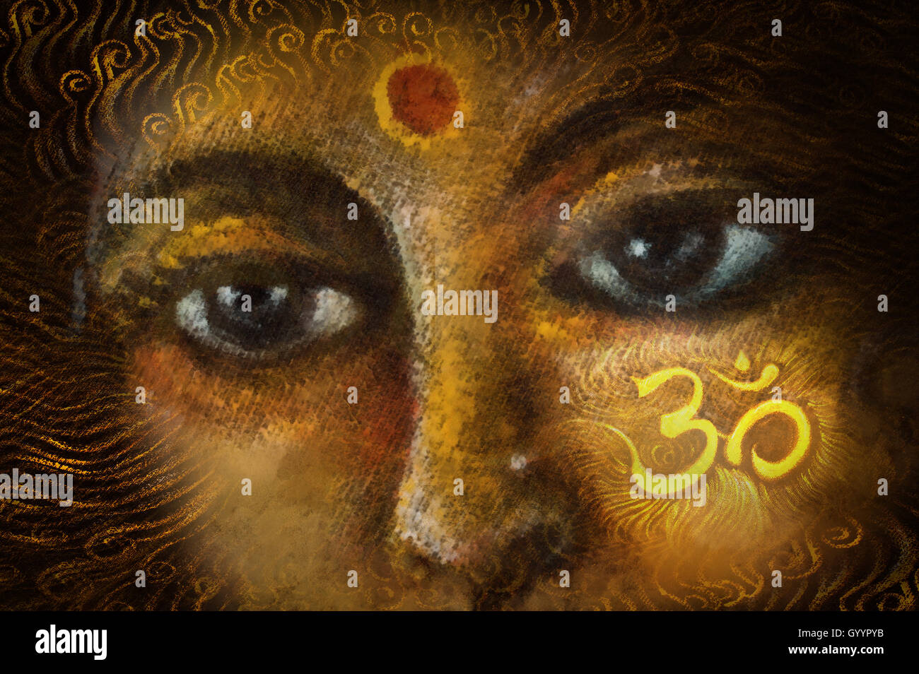 closeup detail of hindu woman eyes with sacred symbol, illustration ...