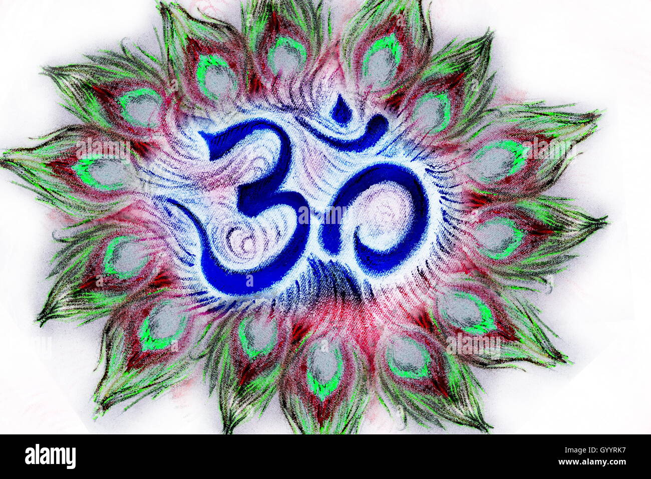 sacred aum sanskrit symbol in circle of peacock feathers Stock Photo ...