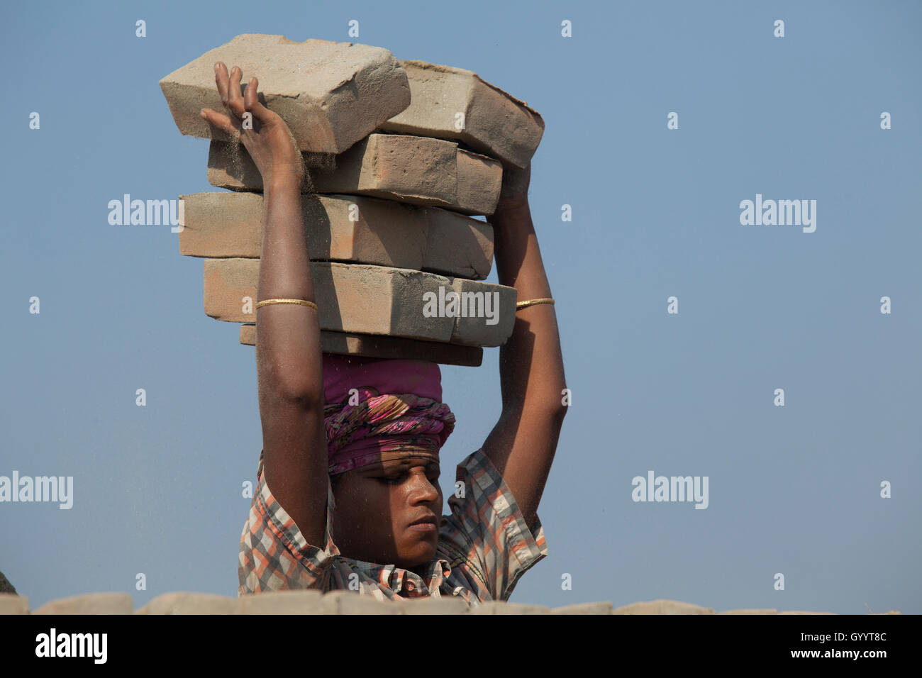 Female labourer works at brickfield at Amin Bazar. Dhaka, Bangladesh ...