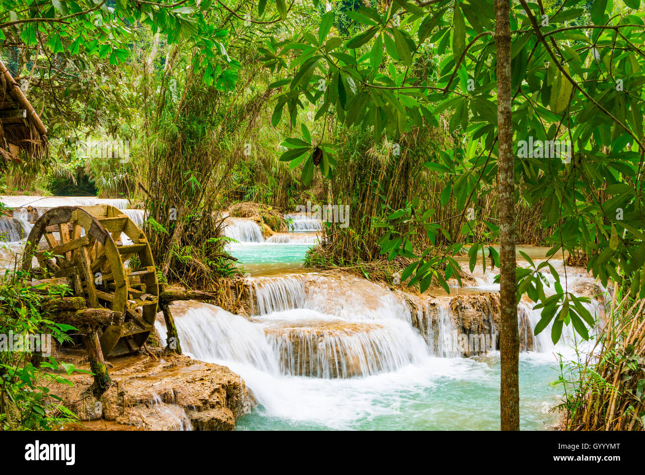 Kuang Si waterfalls, water wheel and cascades, turquoise colored water ...