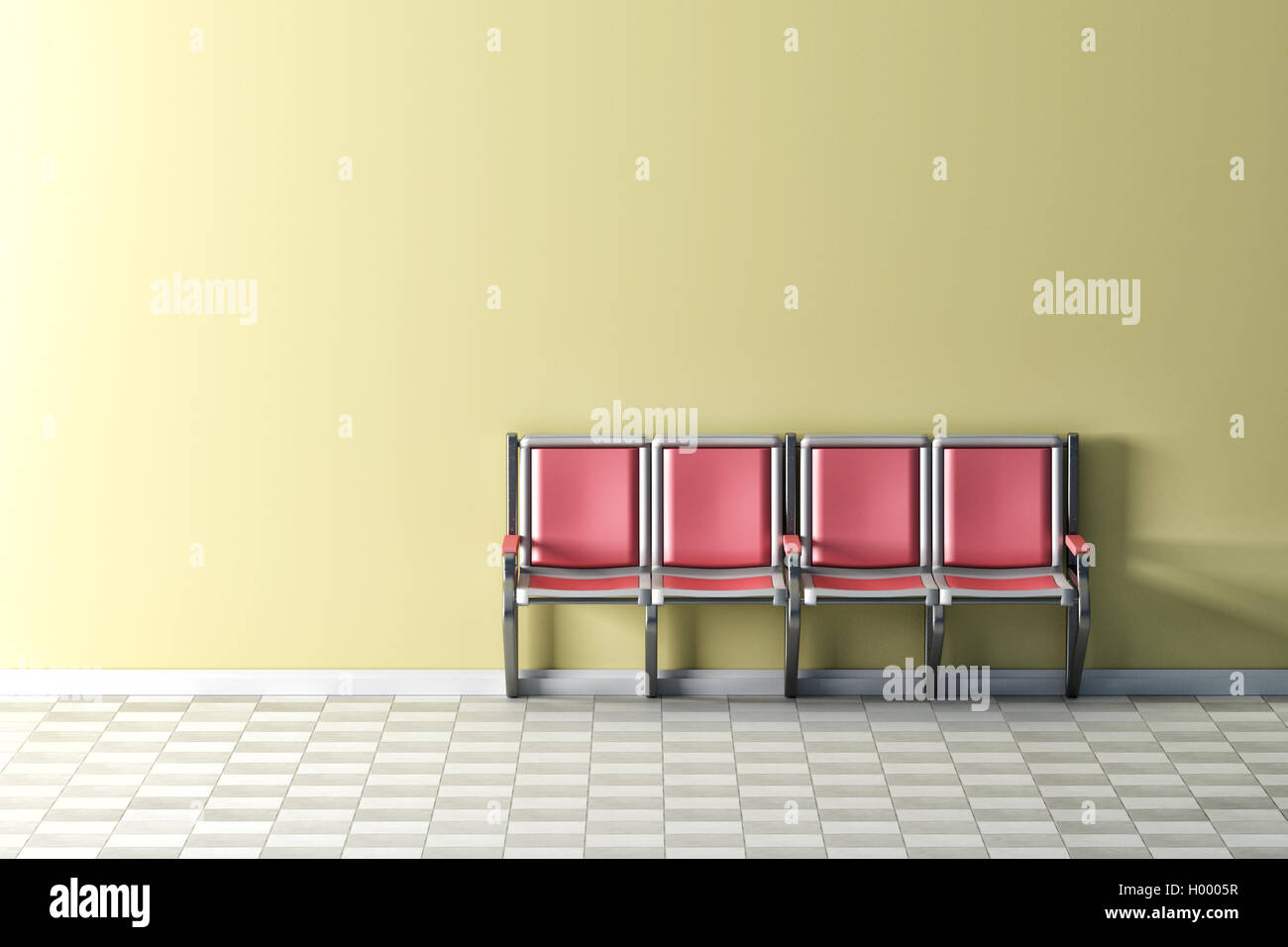 Row of four pink chairs in waiting room with yellow wall and tiled ...