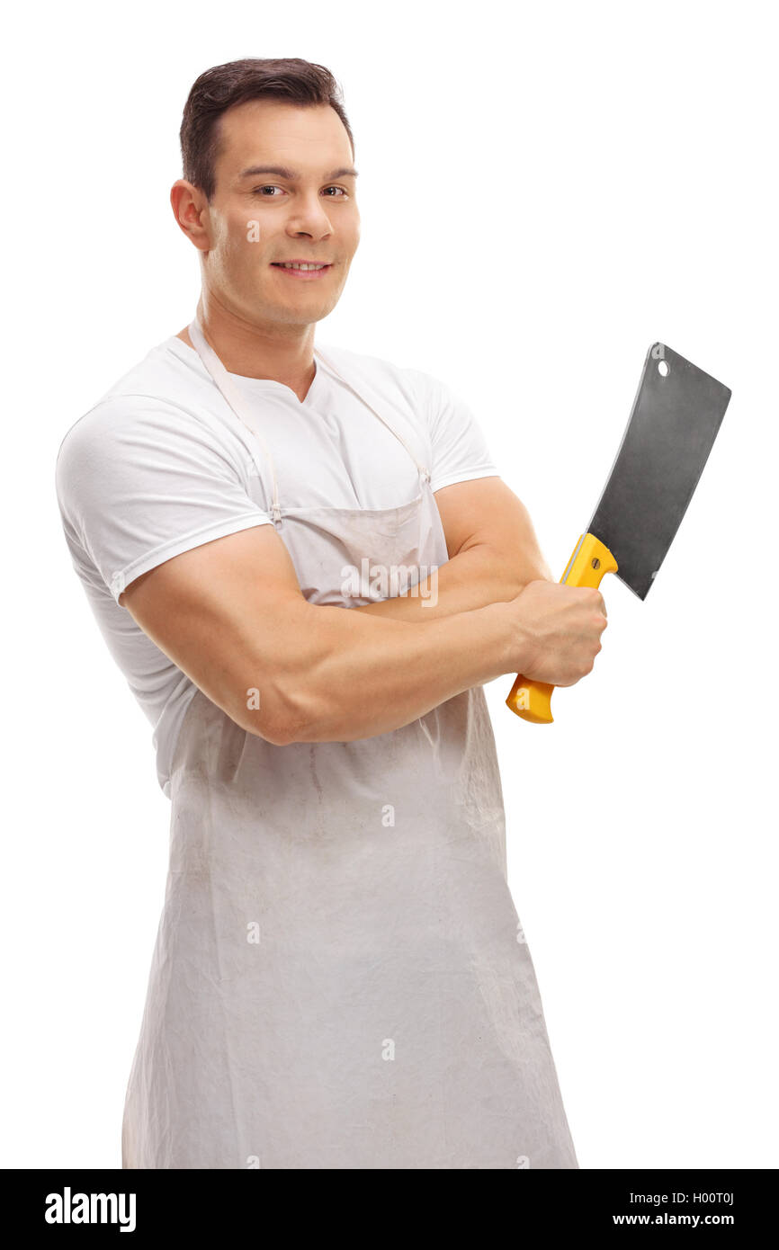 Smiling butcher posing with a cleaver isolated on white background ...