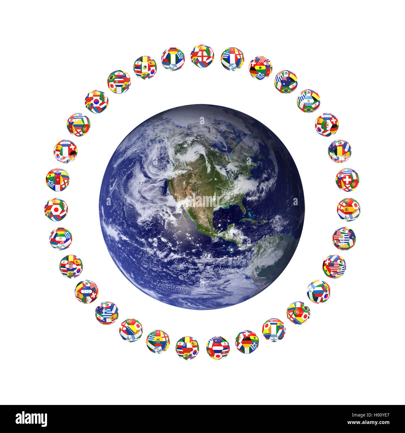 3D render of group of footballs around the earth on white background ...