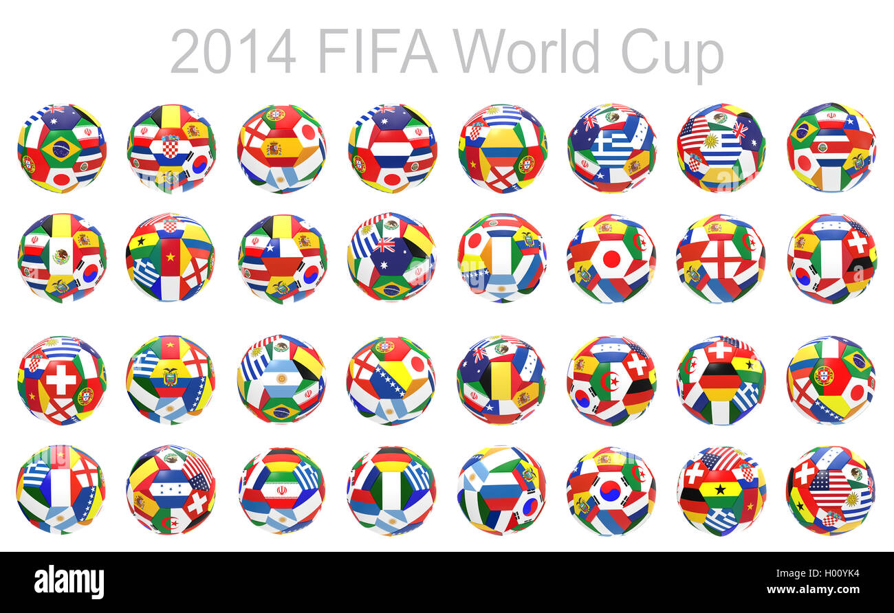 3D render of 32 soccer football representing all competitor countries ...