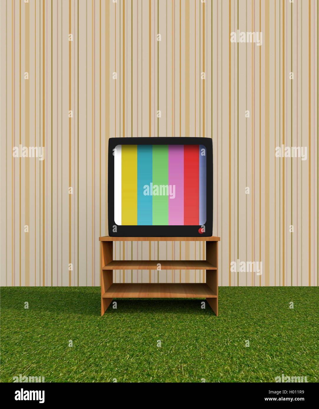 3d illustration rendering of square television on wooden small table ...