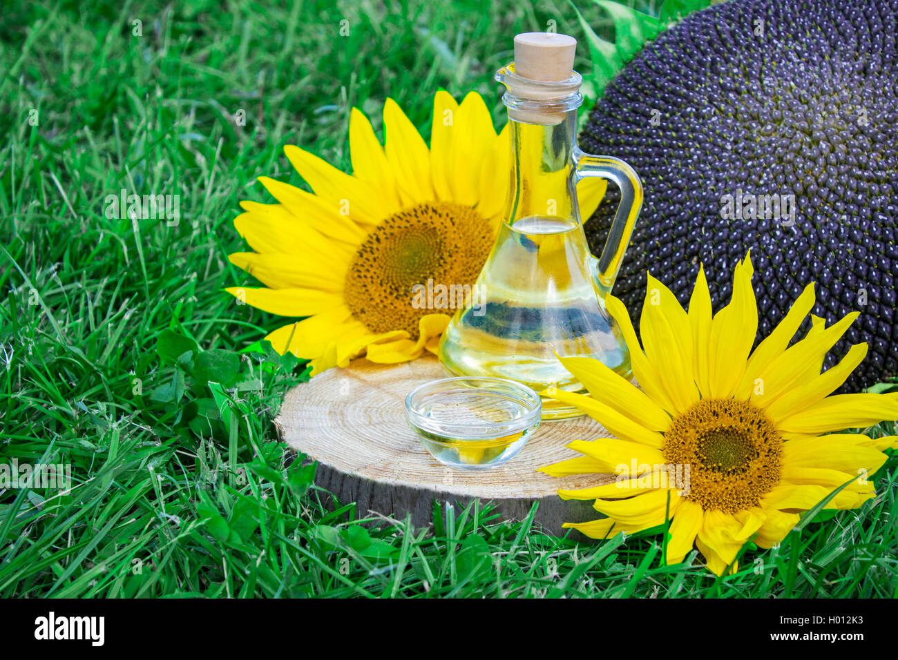 bottle of sunflower oil and sunflower with seeds Stock Photo - Alamy